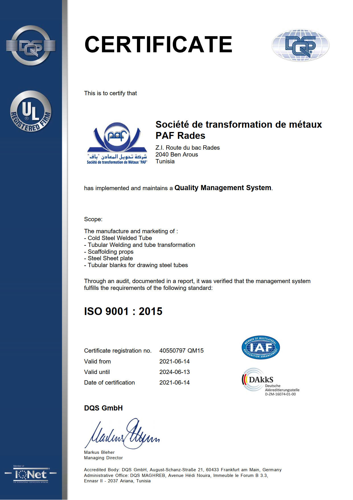 Certificat paf 1 - Universe Steel Factory