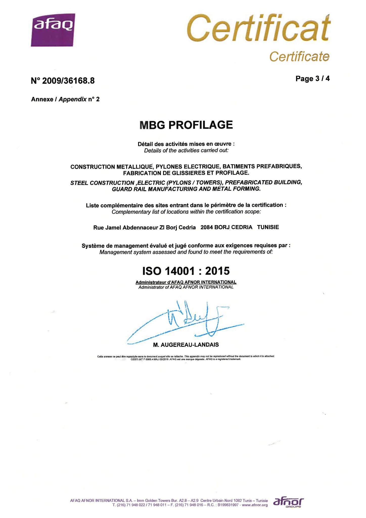 certificat prf mbg construction - Universe Steel Factory